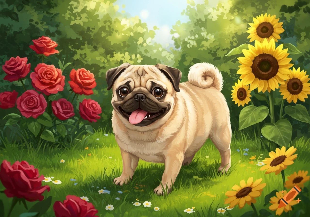 A happy pug with its tongue out stands in a sunny, green garden ...