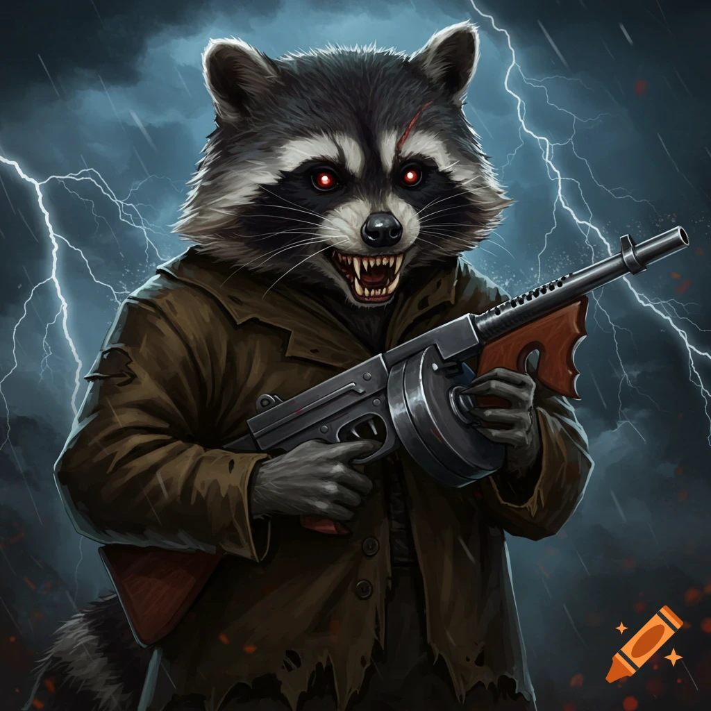 A fierce raccoon with glowing red eyes and sharp teeth holds a Tommy ...