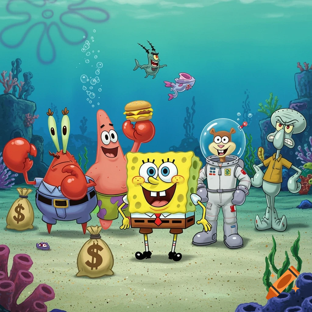 Cartoon characters Spongebob, Patrick, Mr. Krabs, Sandy, and Squidward stand underwater with ...