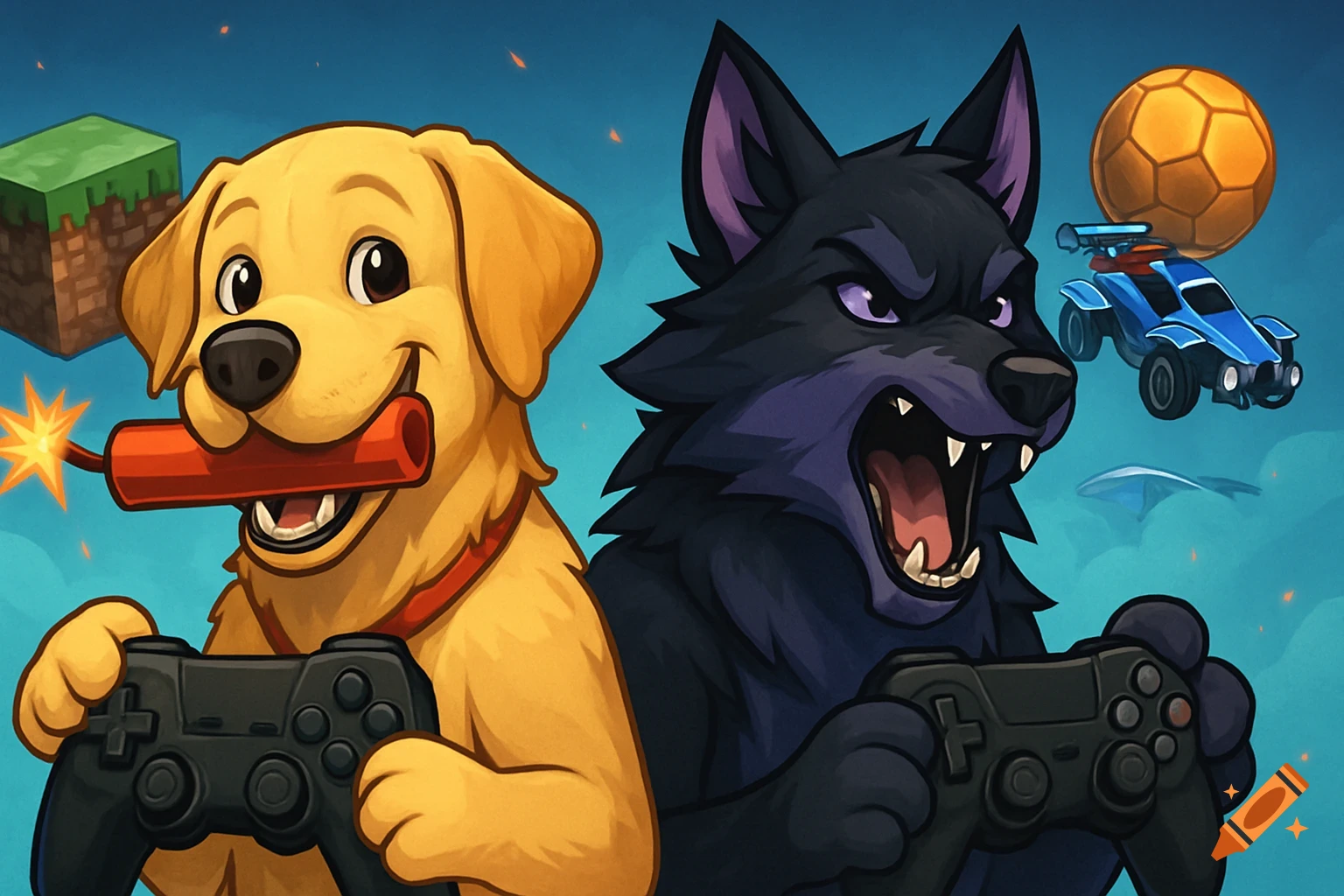 Cartoon illustration of a yellow lab and a black wolf playing video ...