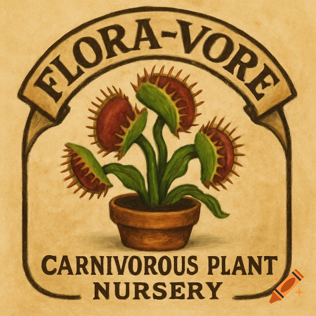 A vintage-style logo for 'Flora-Vore Carnivorous Plant Nursery' featuring a potted Venus flytrap ...