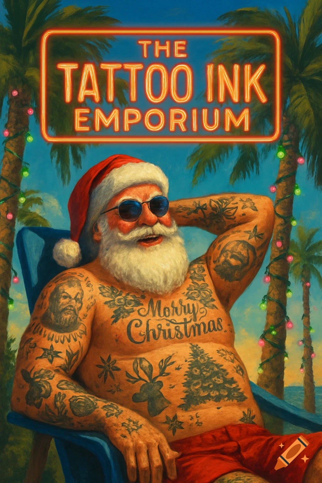 Shirtless, heavily tattooed Santa Claus relaxing in a chair under a ...