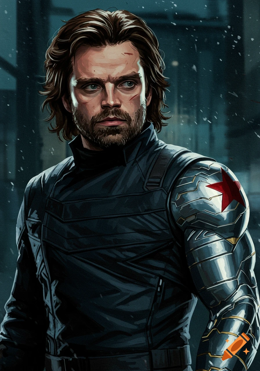 Portrait of Bucky Barnes as the Winter Soldier, featuring his metal arm ...