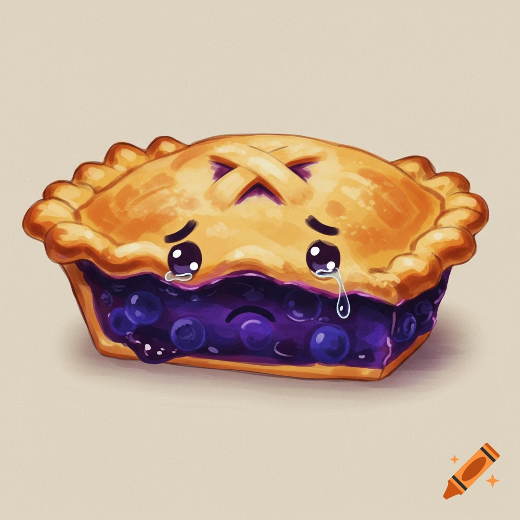 A cute, sad cartoon blueberry pie with tears dripping from its eyes on ...