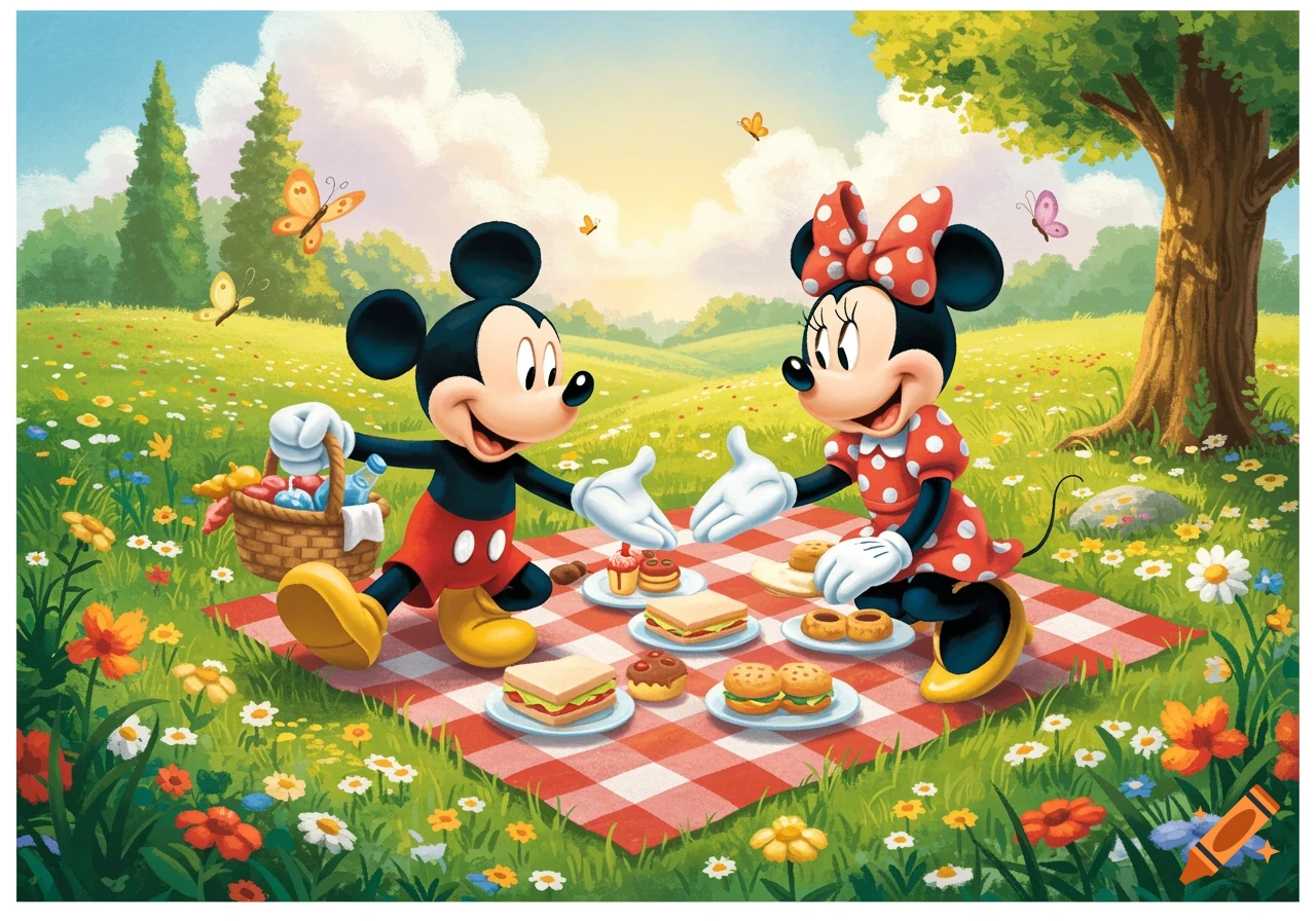A cartoon of Mickey and Minnie Mouse having a picnic on a red checkered ...