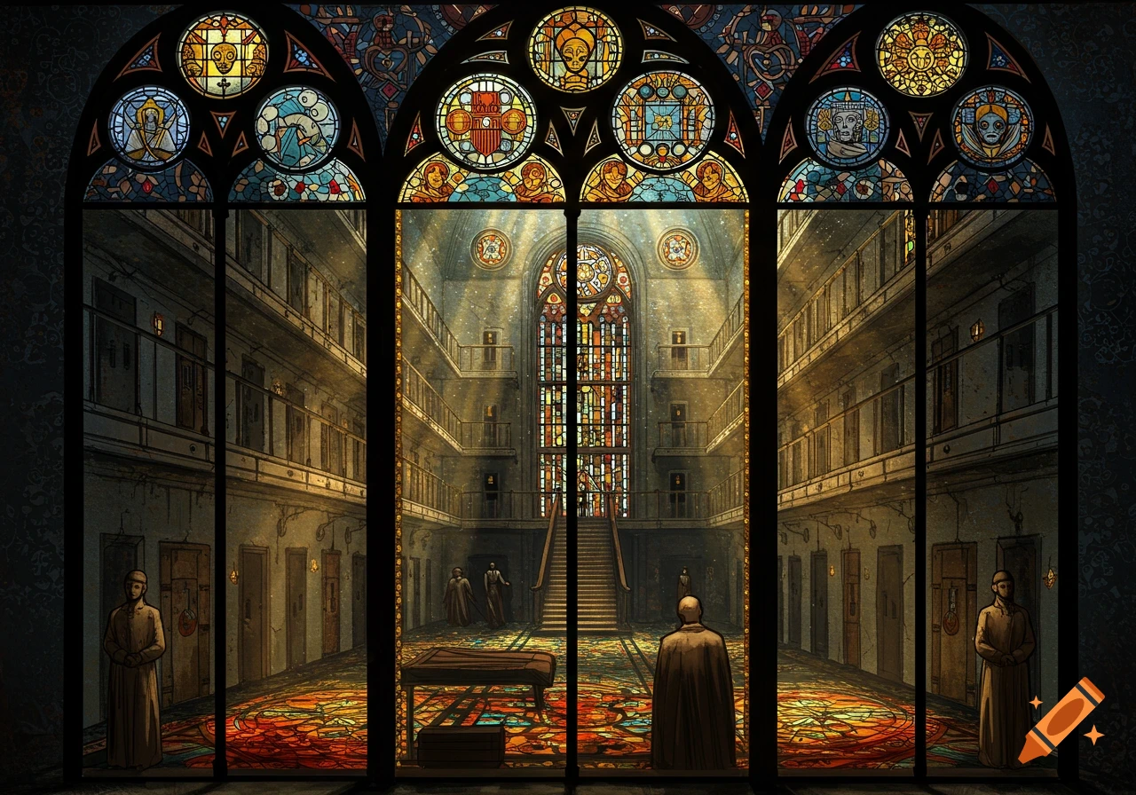 A stylized prison interior with ornate stained glass windows and floor ...