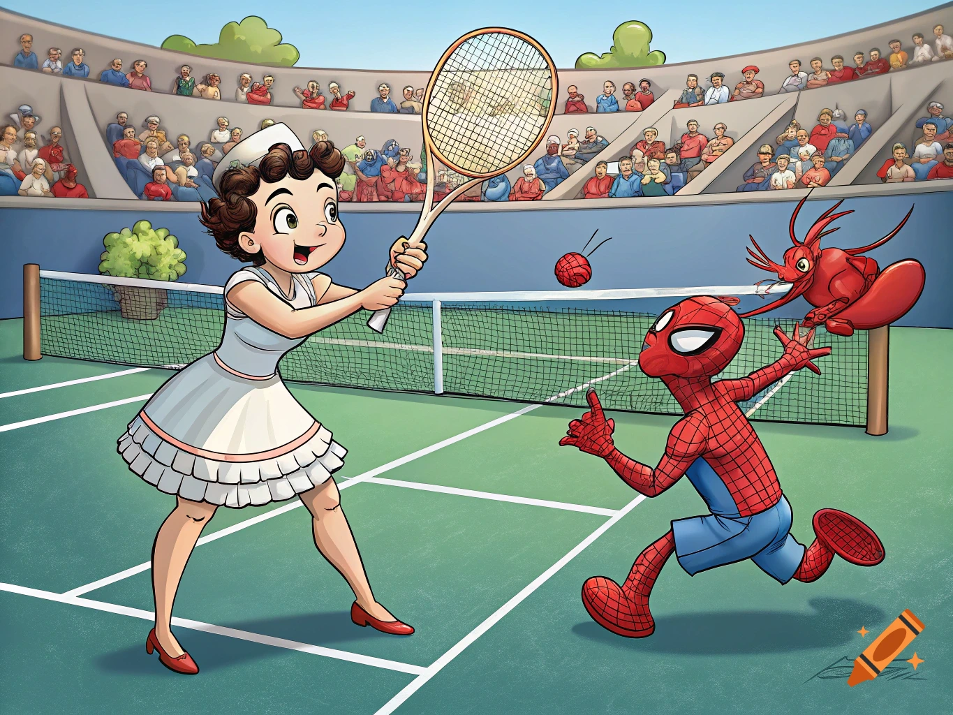Cartoon illustration of Betty Boop playing tennis with Spiderman and a ...