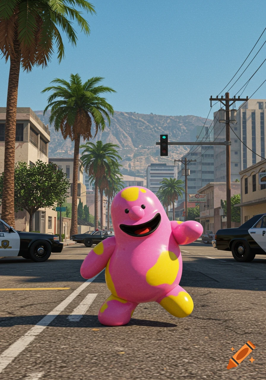 A smiling pink and yellow blob-like character, Mr. Blobby, stands in ...