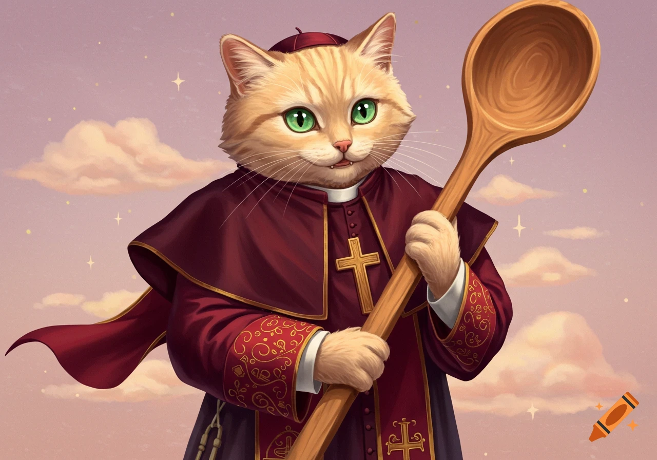 An anthropomorphic ginger cat in red clerical robes and a cap, holding ...