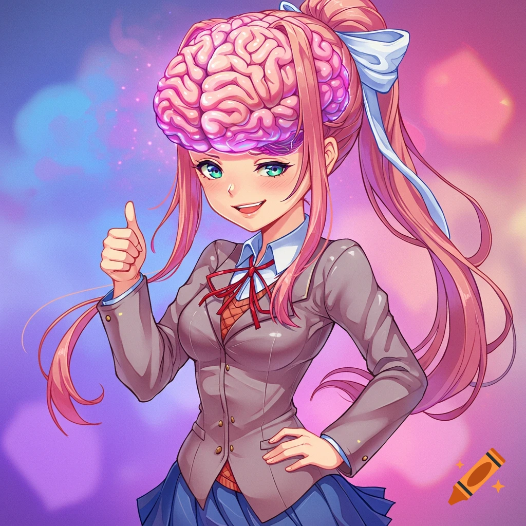 Anime character Monika from DDLC with a large pink brain on her head ...