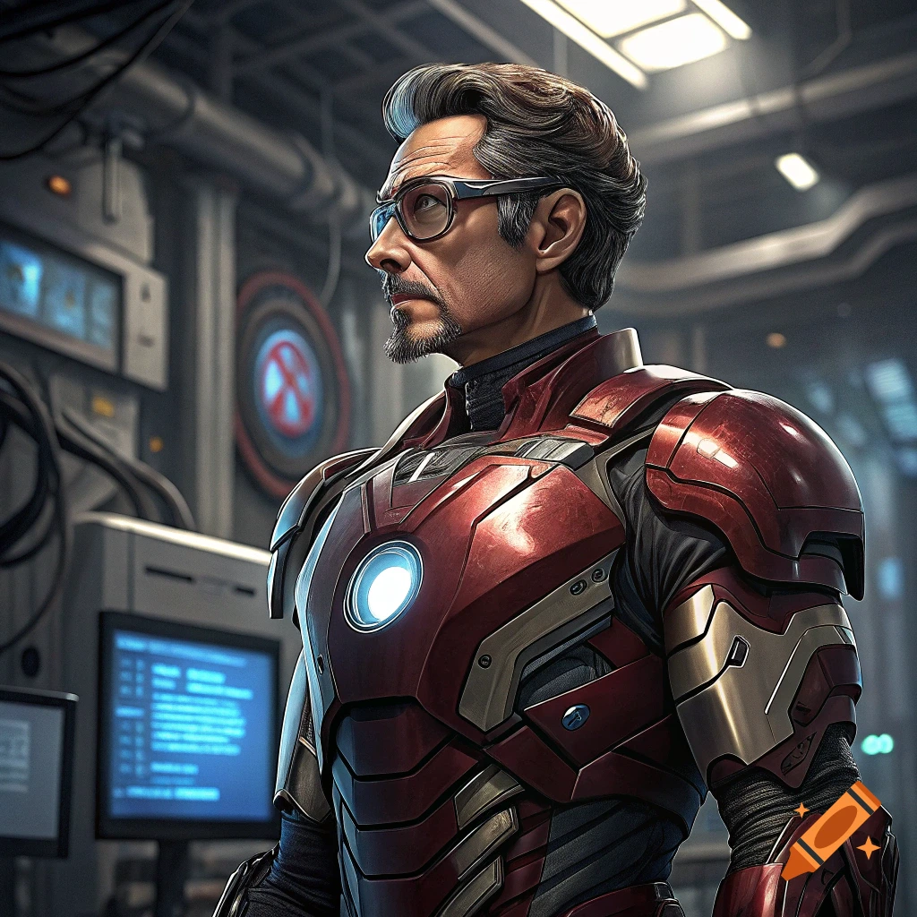 A photorealistic portrait of Jeff Goldblum as Iron Man in a high-tech ...