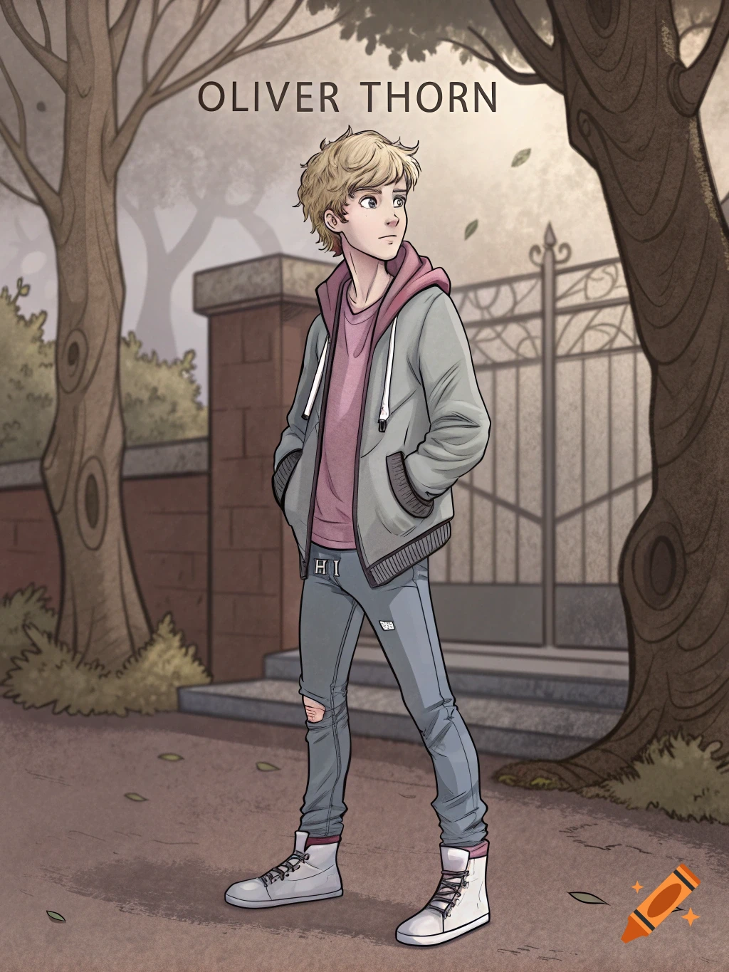 A full-body illustration of a teenage boy named Oliver Thorn with messy blonde hair, wearing a ...