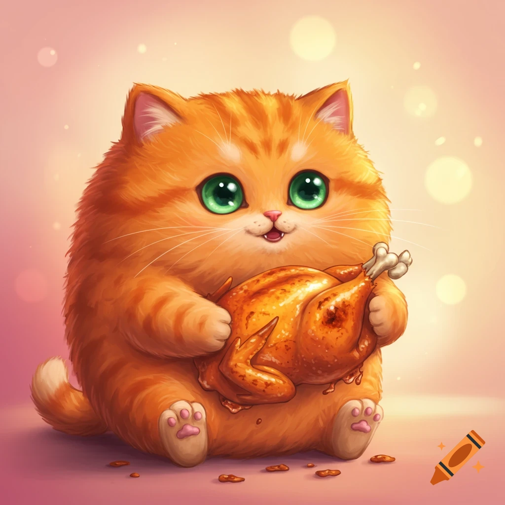 A cute, fluffy orange cartoon cat with big green eyes happily holds a ...