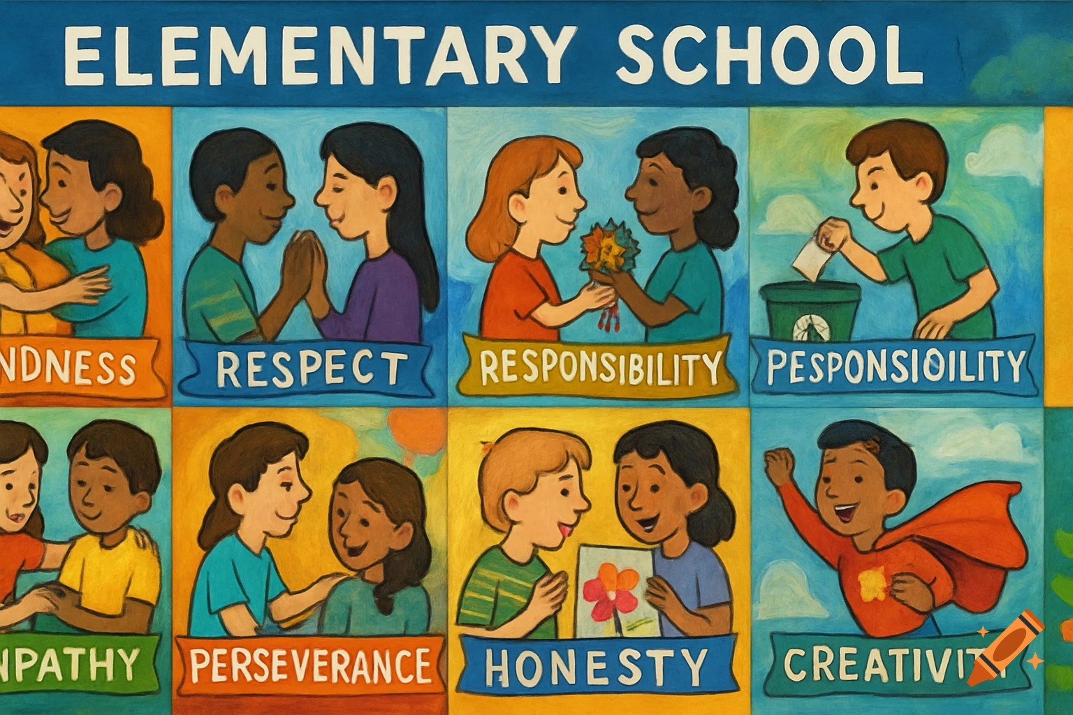 A colorful cartoon mural depicting various elementary school children ...