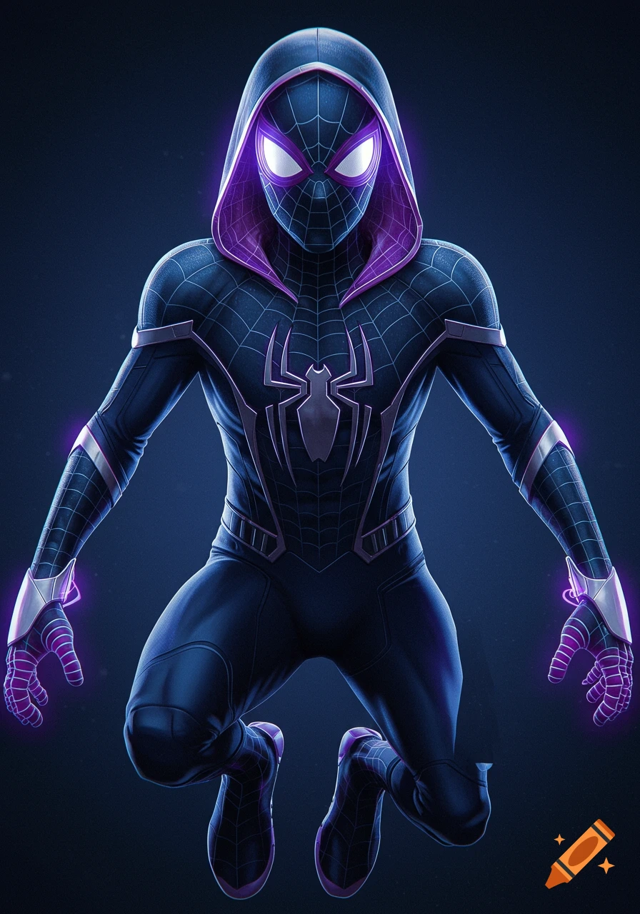 A hooded Spider-Man character in a dark blue and black suit with ...