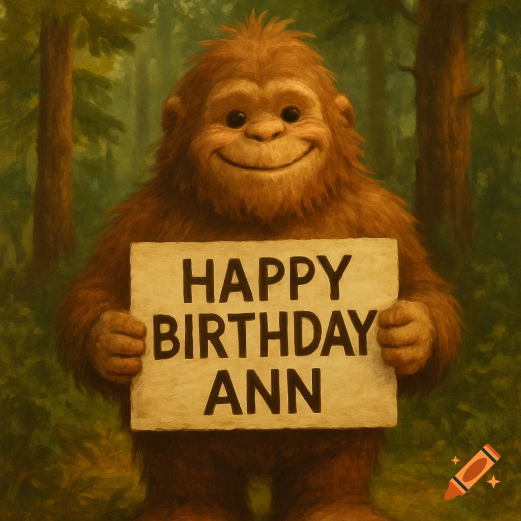 A cute, furry brown Bigfoot smiles while holding a 'Happy Birthday Ann ...