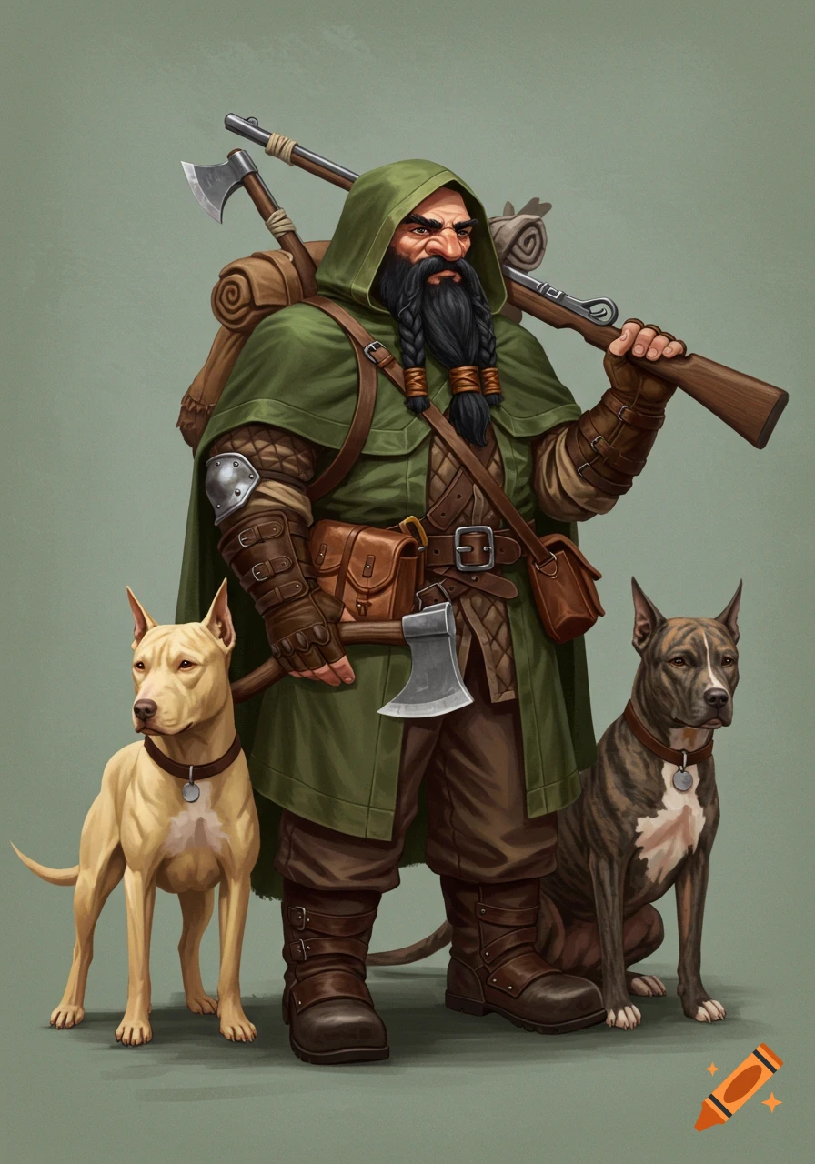 A fantasy illustration of a bearded dwarf ranger in a green cloak ...