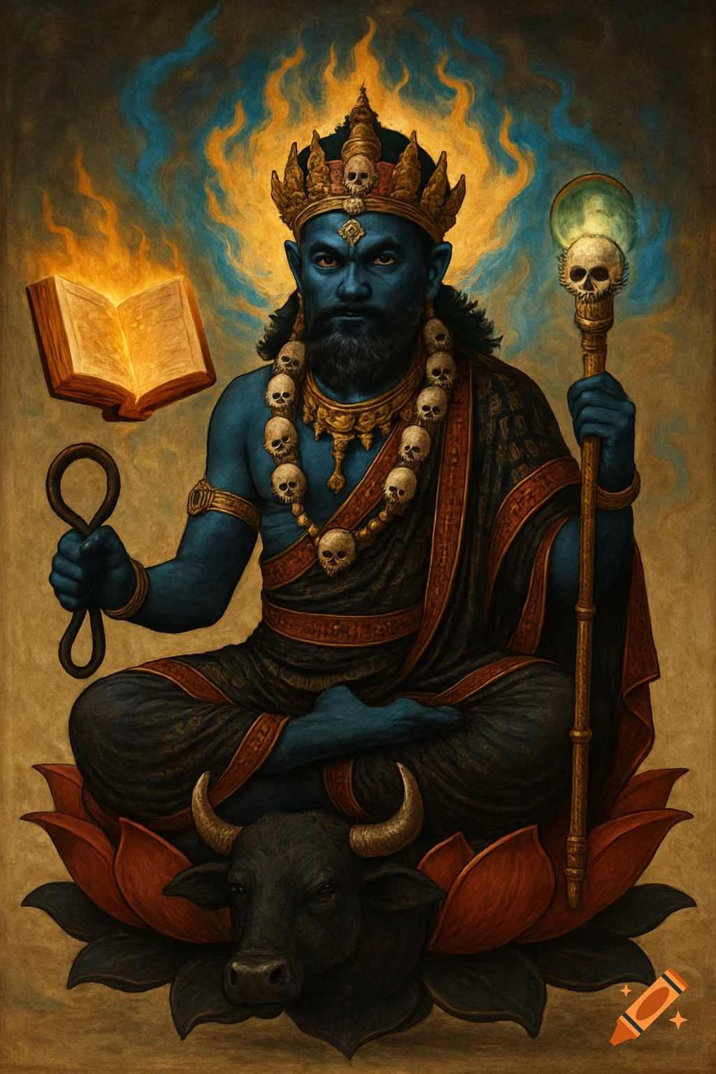 A majestic blue-skinned deity, Dharmaraja, sits on a lotus over a black ...