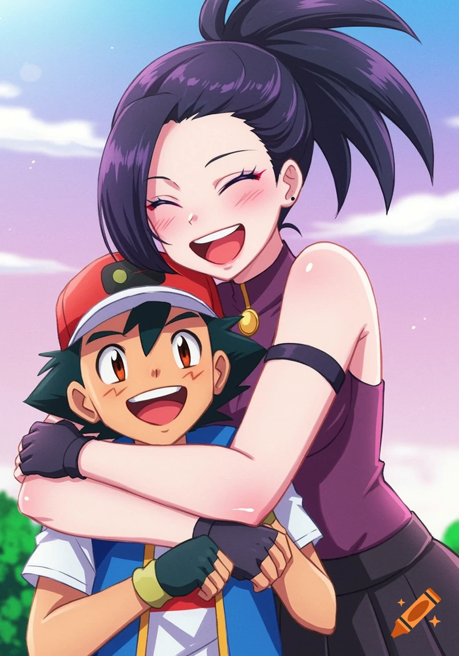 Ash Ketchum and a purple-haired anime girl hug and smile happily under ...