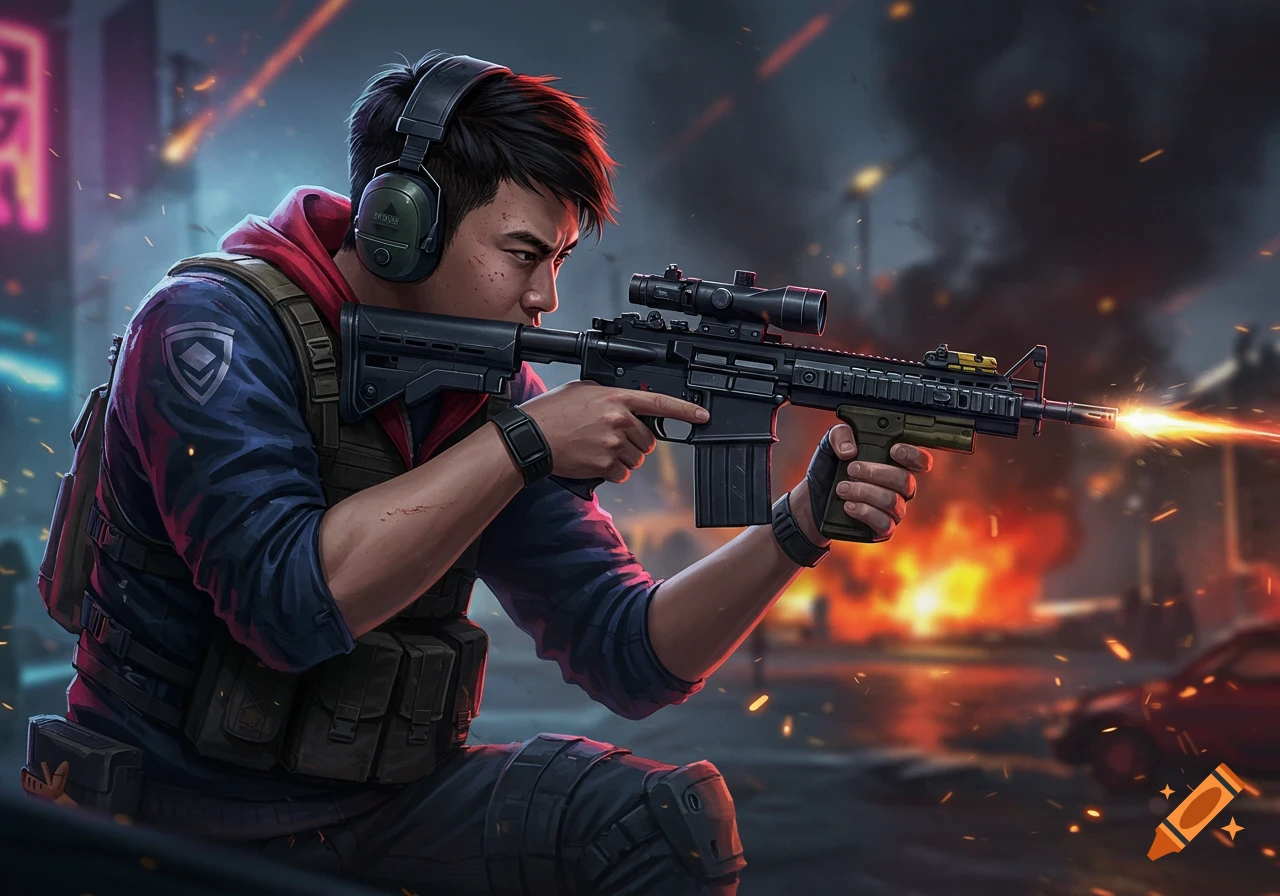 A tactical man with headphones and a rifle aims in a fiery urban combat ...