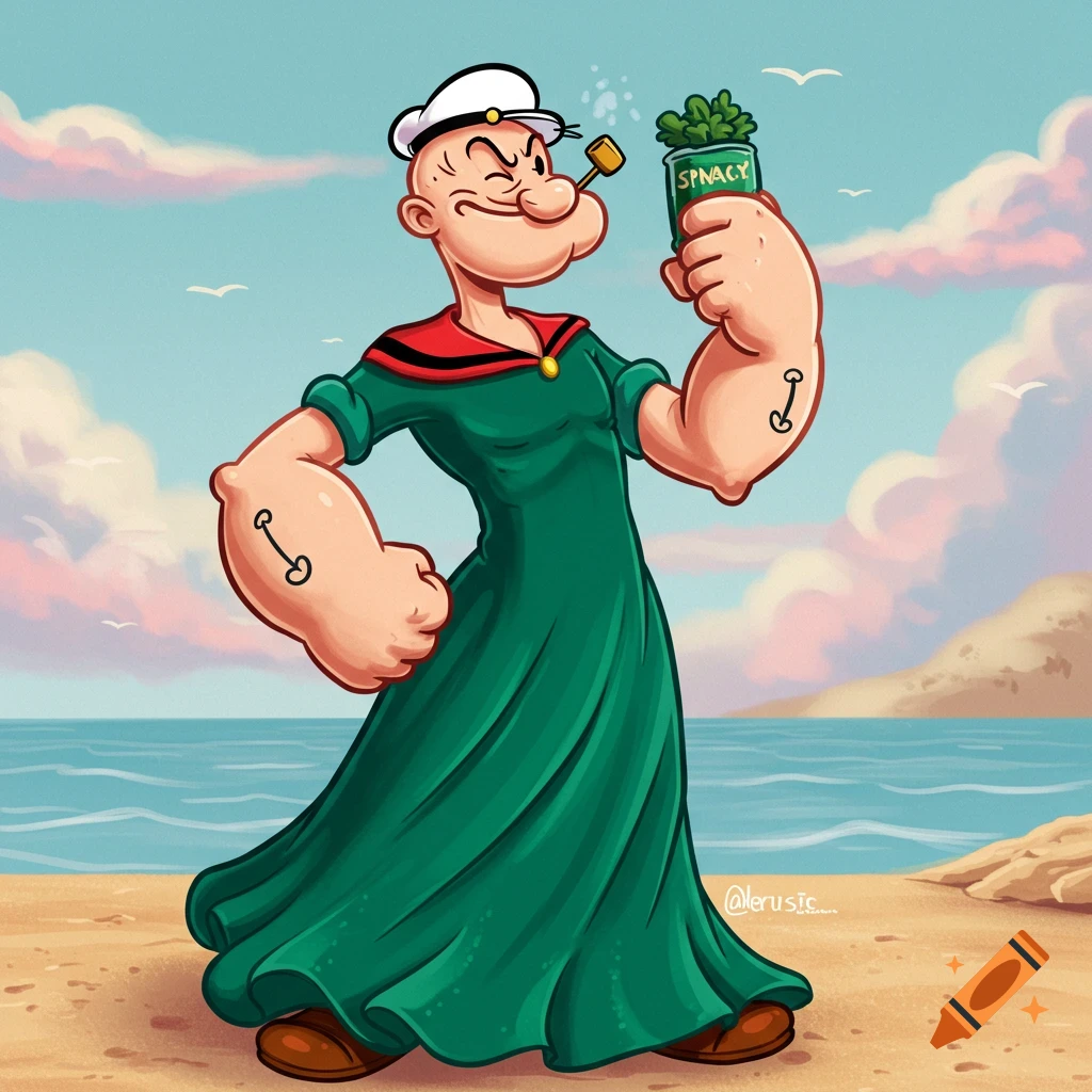 Cartoon Popeye in a green dress, holding a spinach can and flexing on a ...