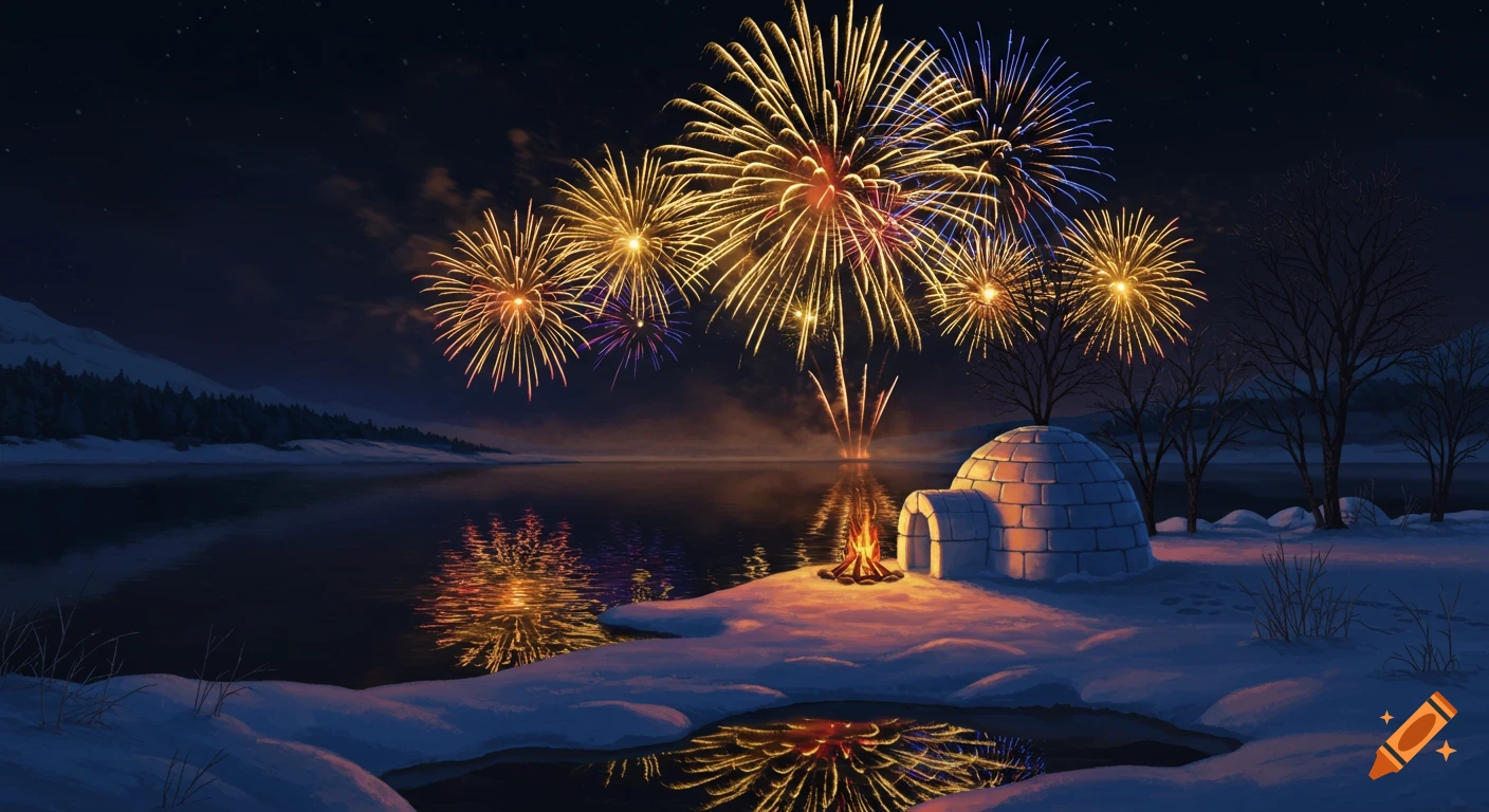 Vibrant fireworks explode over a snow-covered lake with an illuminated ...