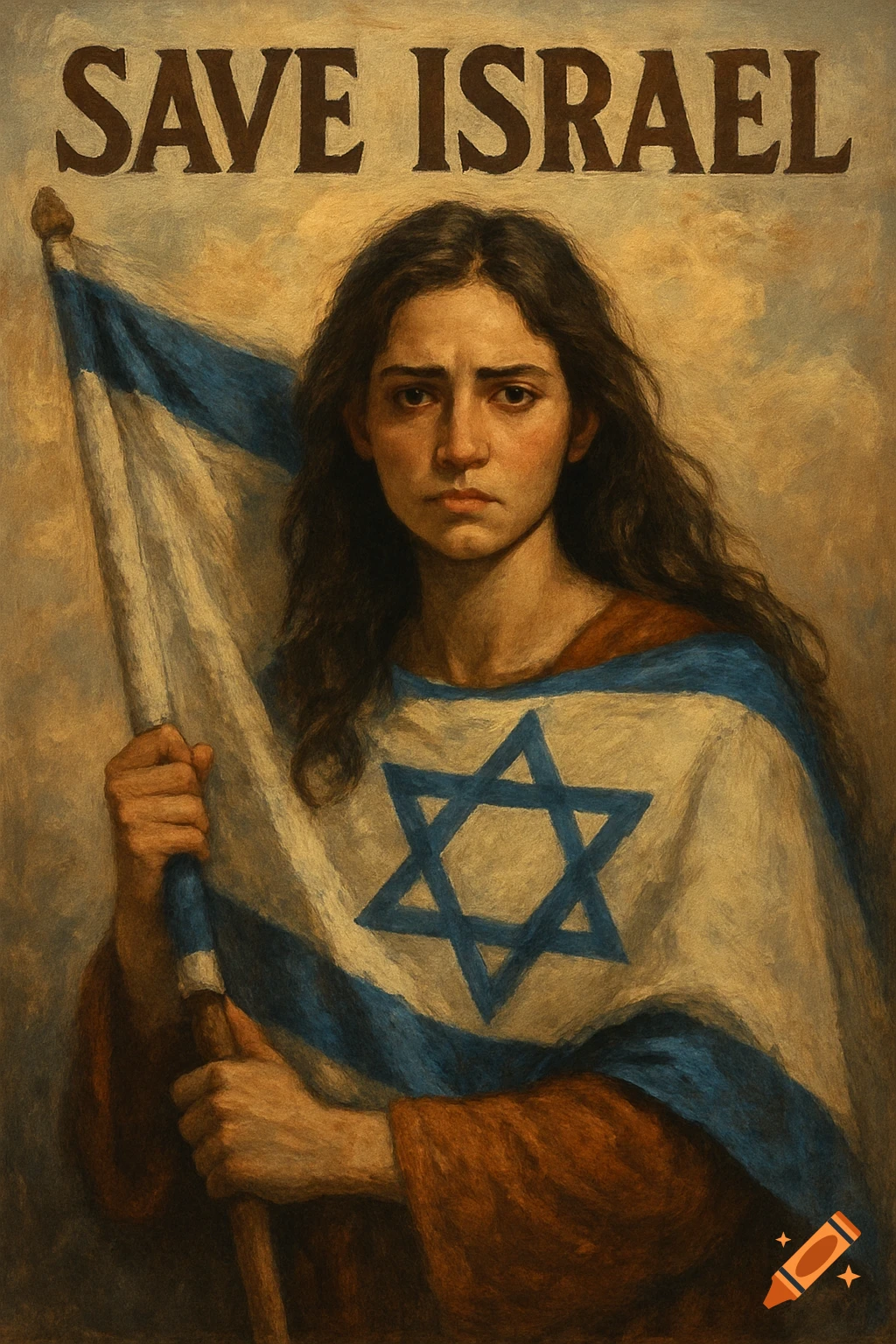 A painterly portrait of a serious-faced young woman holding an Israeli ...
