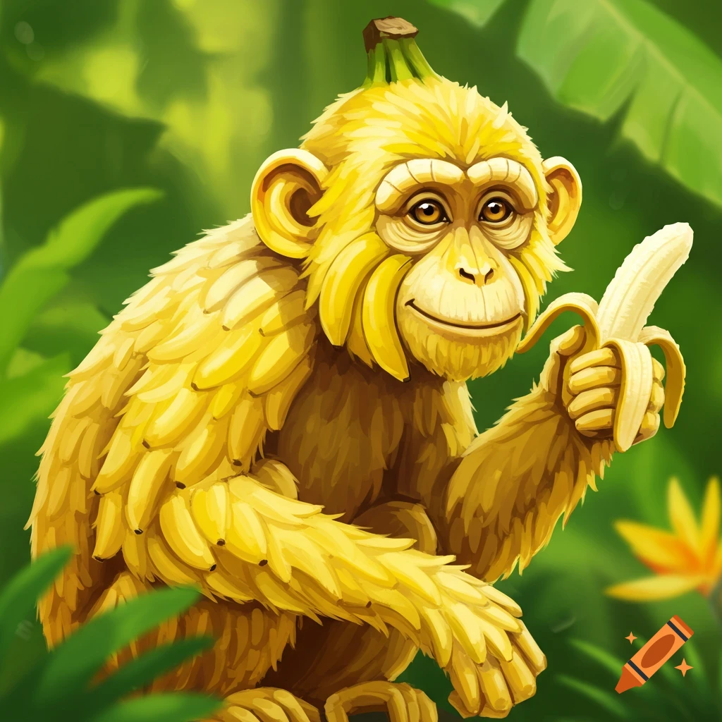 A cartoon monkey made entirely of bananas, holding a peeled banana, in a lush jungle setting. on ...