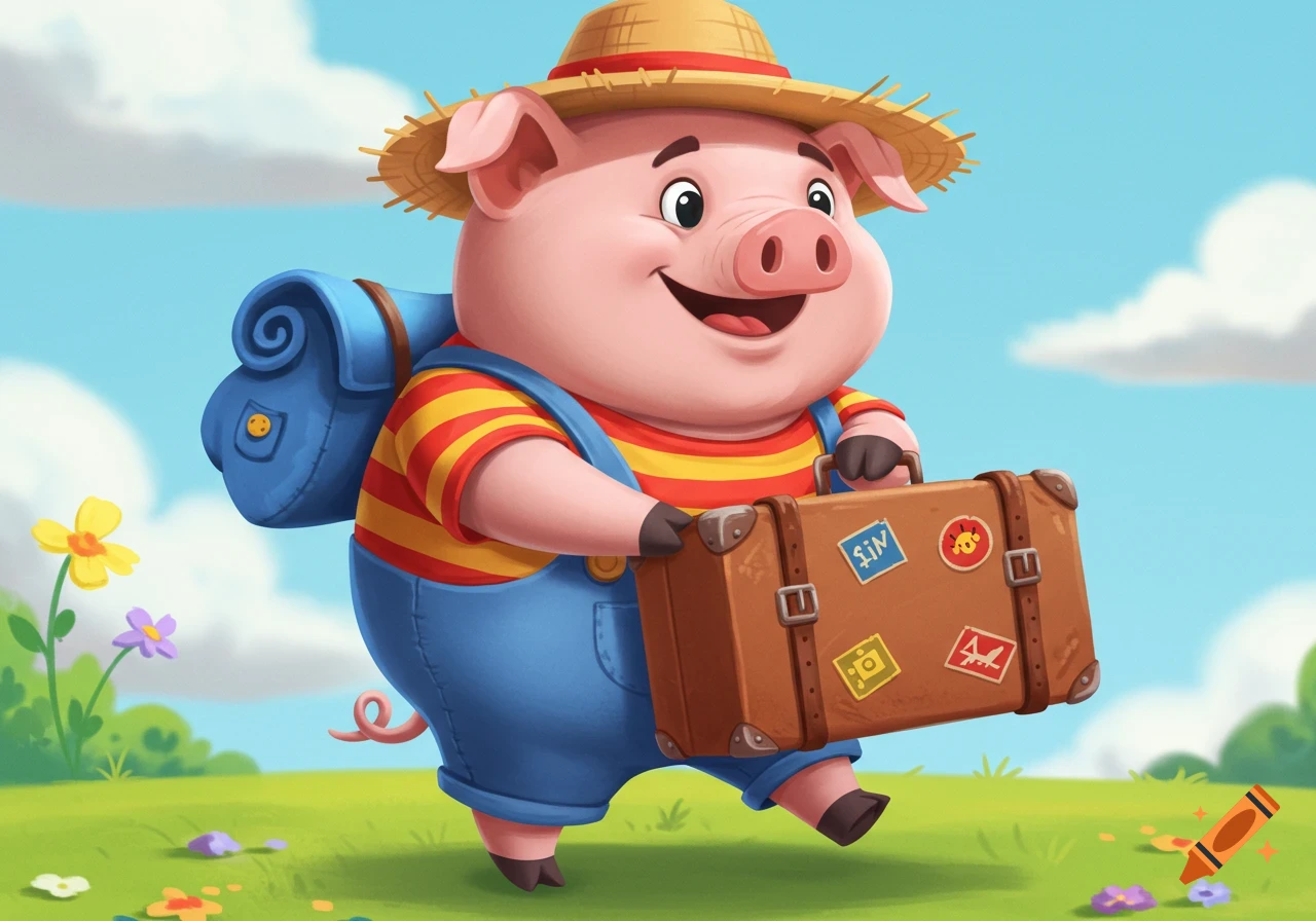 A happy cartoon pig wearing a straw hat, red and yellow striped shirt ...