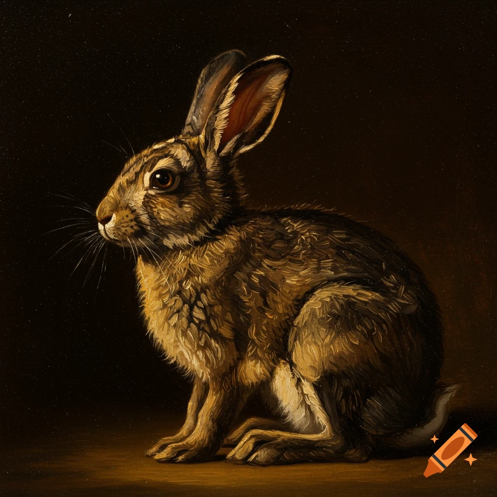 A brown rabbit depicted in a classical painting style, sitting against ...