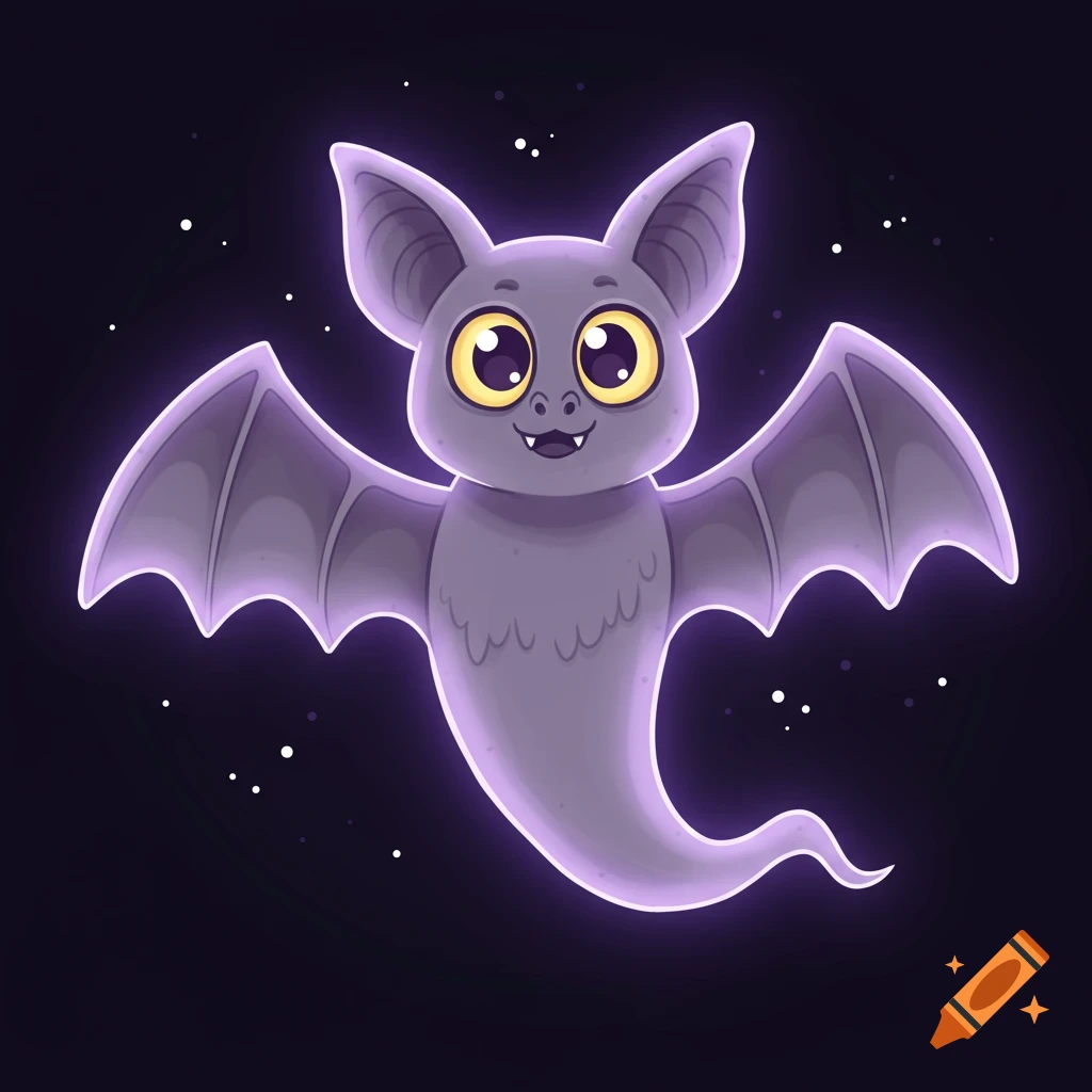 A cute cartoon ghost bat with big yellow eyes and a purple glow flies ...