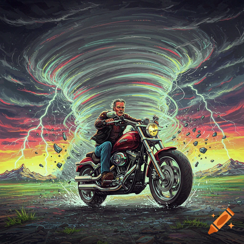 A grizzled biker on a red motorcycle rides through a powerful tornado ...