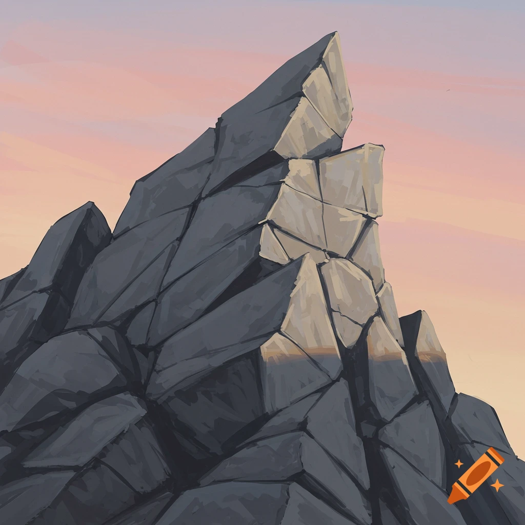 A stylized illustration of a jagged rock formation against a pink and ...