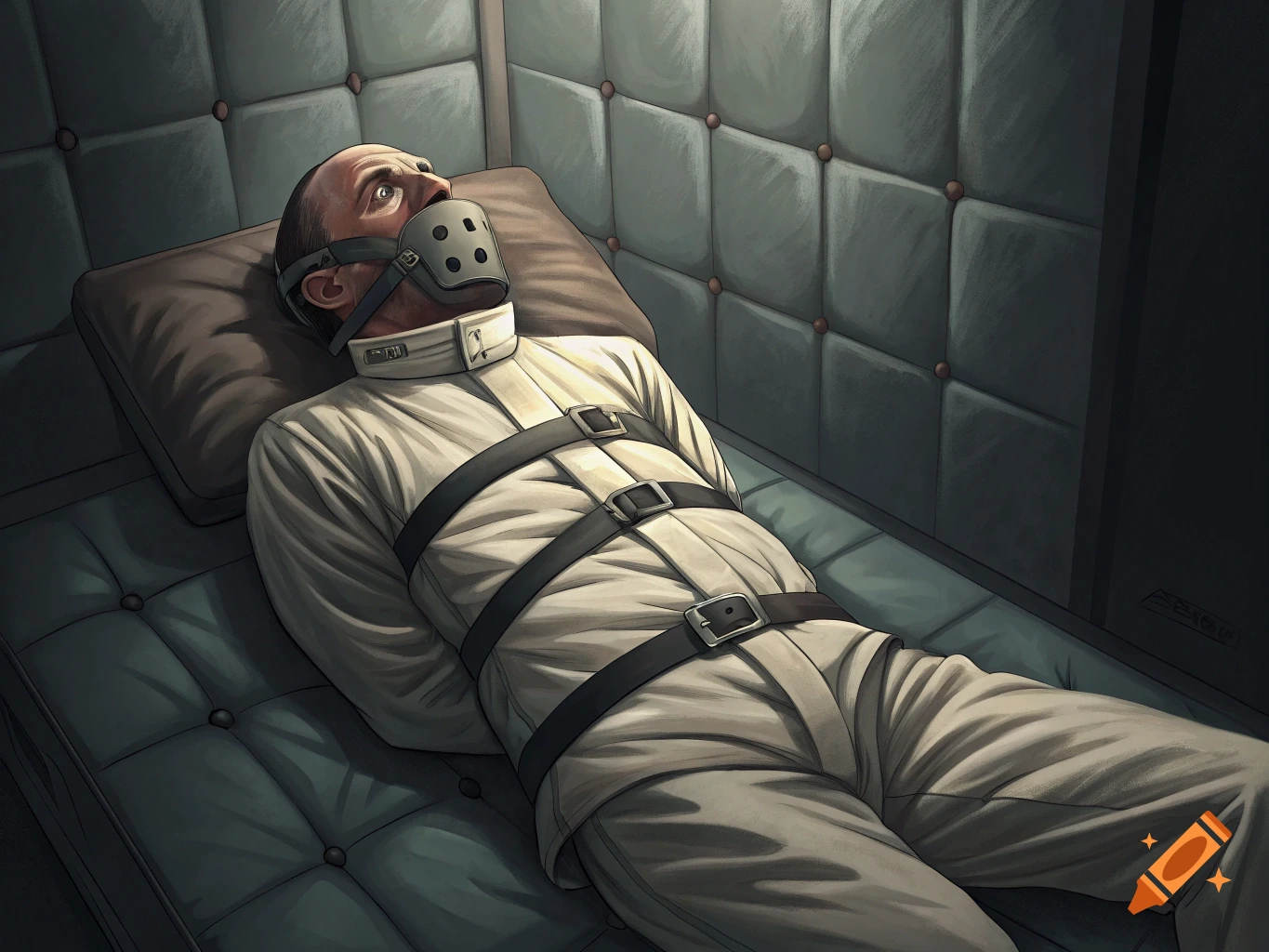 An illustrated man restrained in a straitjacket and muzzle lies in a padded cell. on Craiyon