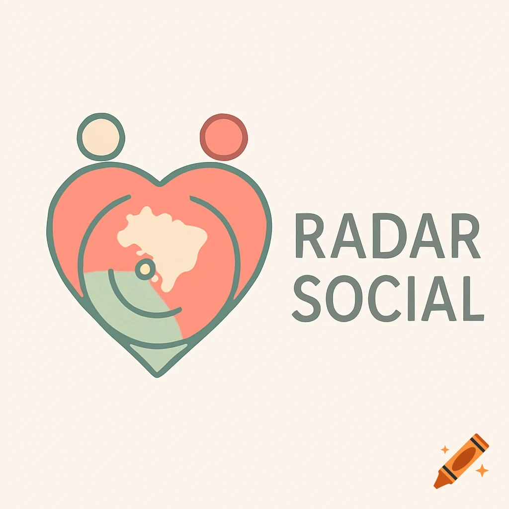A minimalist logo with a heart intertwined with a map of Brazil and radar waves, alongside the ...