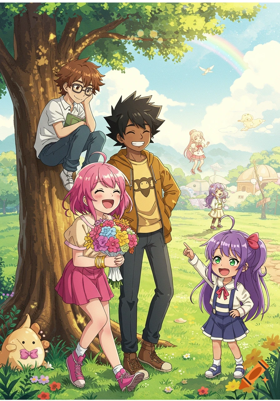 A group of cheerful anime friends in a sunny park with a large tree and ...