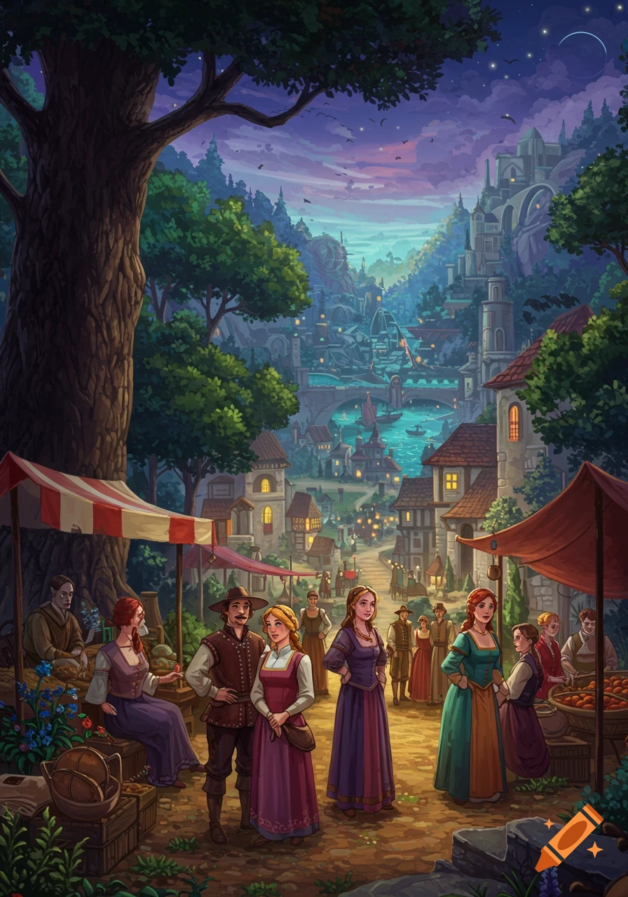 Vibrant fantasy market scene at twilight. People gather on a street ...