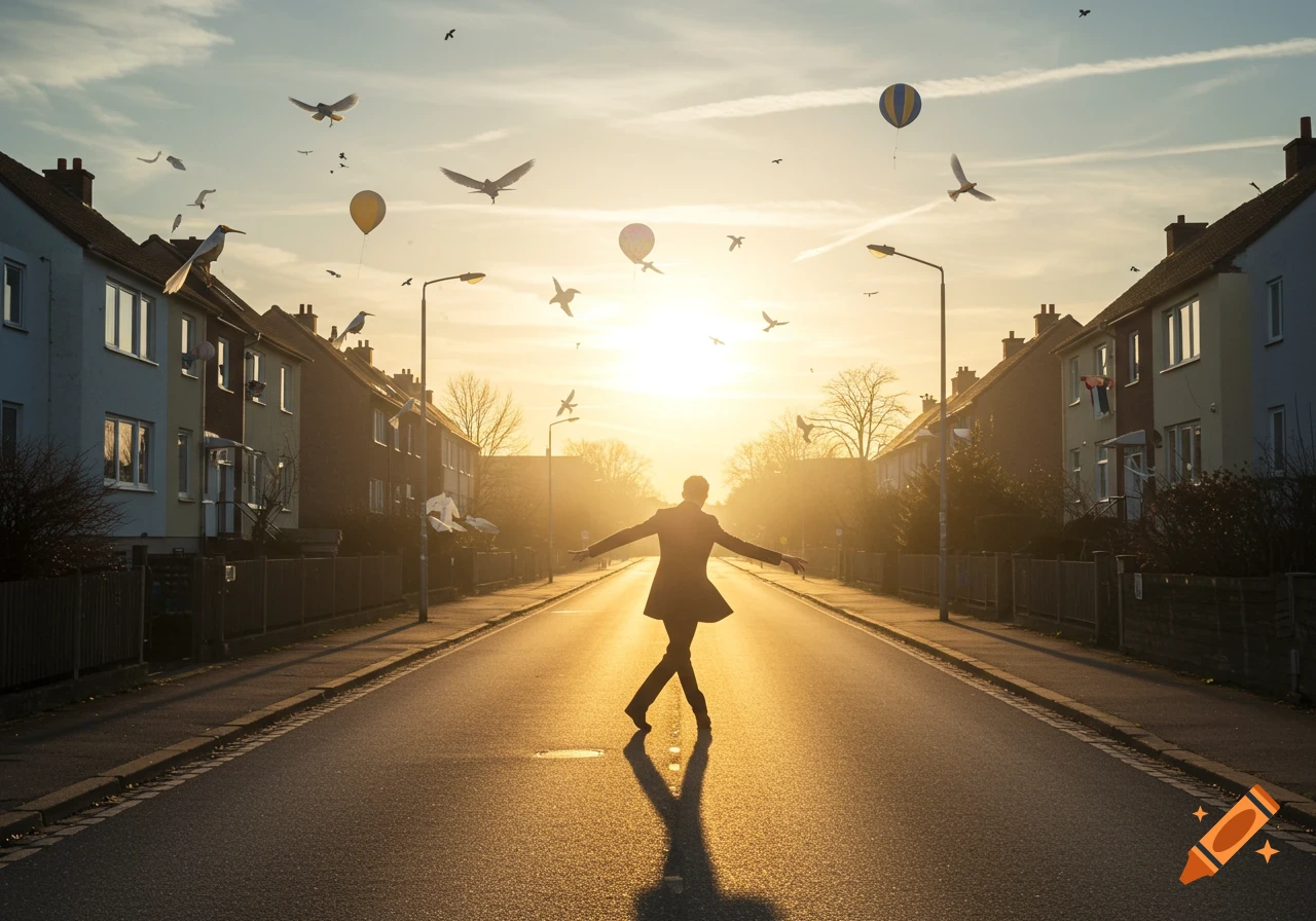 A person with outstretched arms dances in the middle of a sunlit street ...