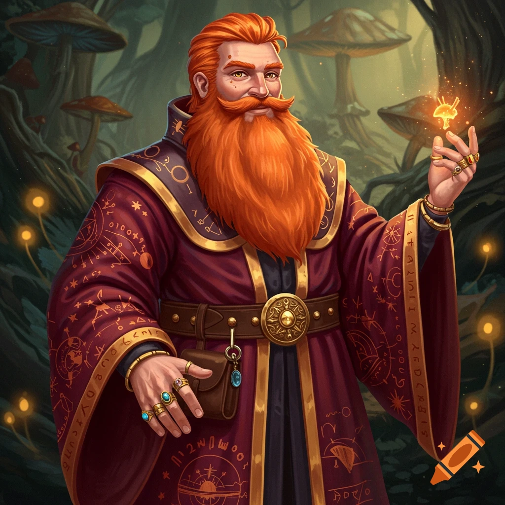 A ginger wizard with a large beard in a maroon robe with gold trim and ...