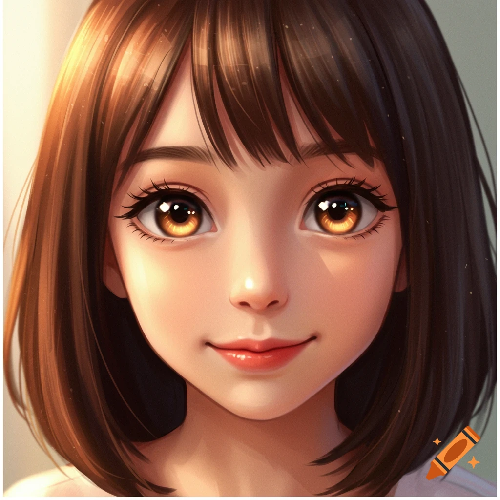 Close-up of an anime girl's face with large amber eyes, dark brown bob ...
