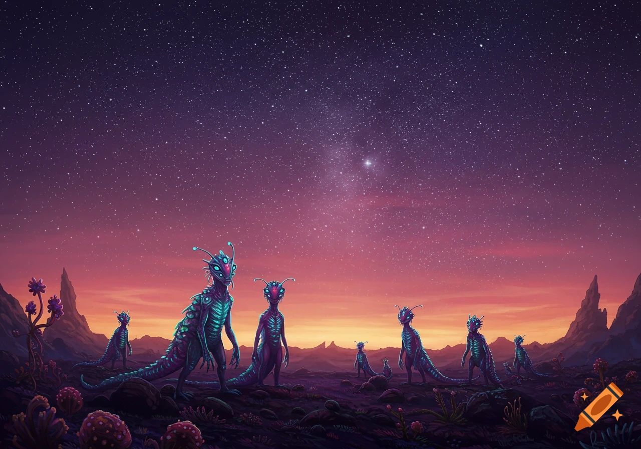 Alien creatures with multiple eyes stand on a primordial planet under a ...