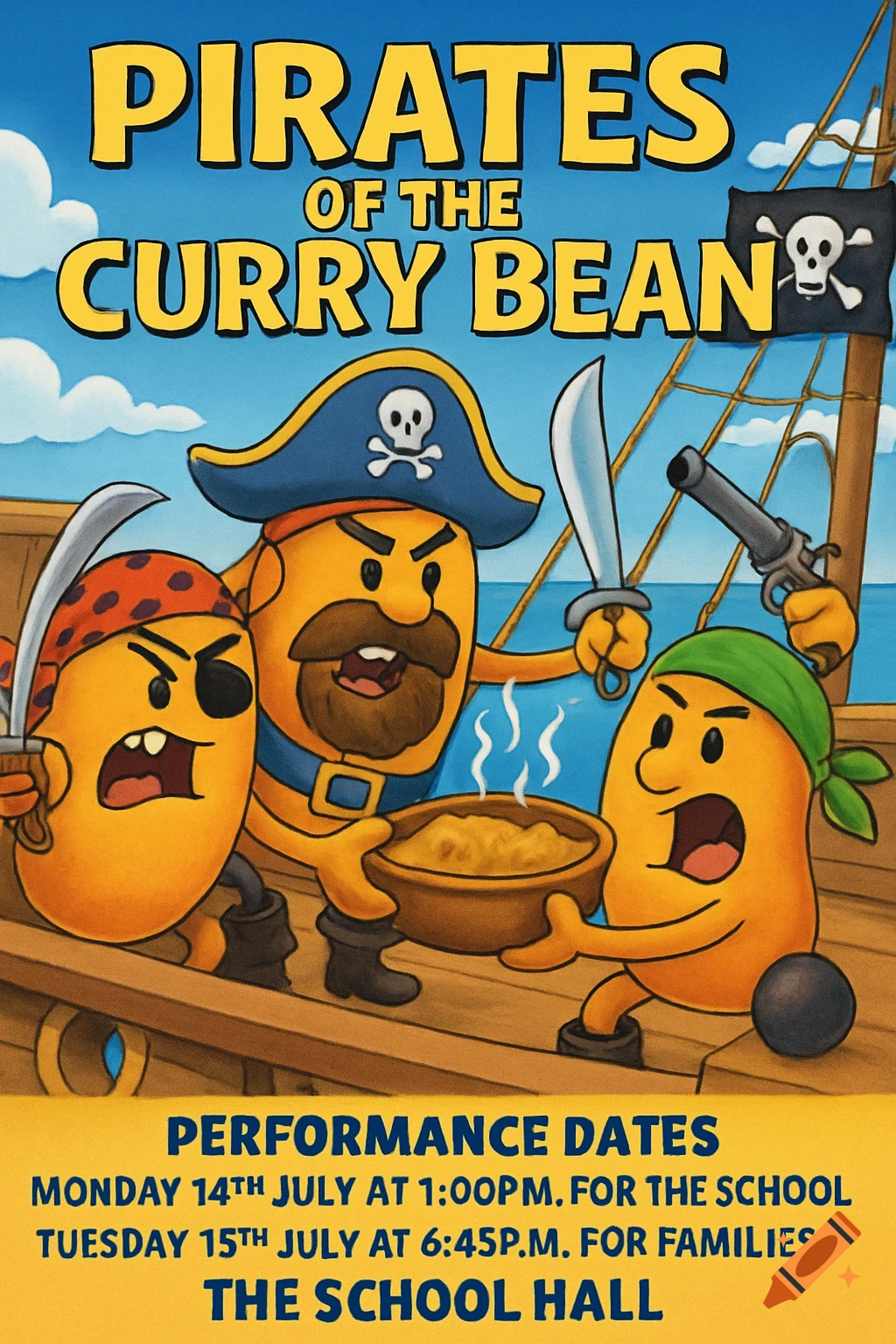 A colorful cartoon poster for "PIRATES OF THE CURRY BEAN" showing three ...