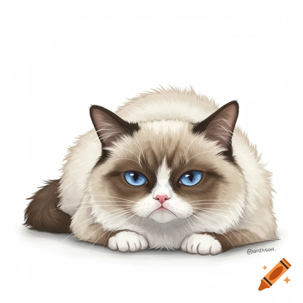 A cute, grumpy ragdoll cat with striking blue eyes, lying down on a ...