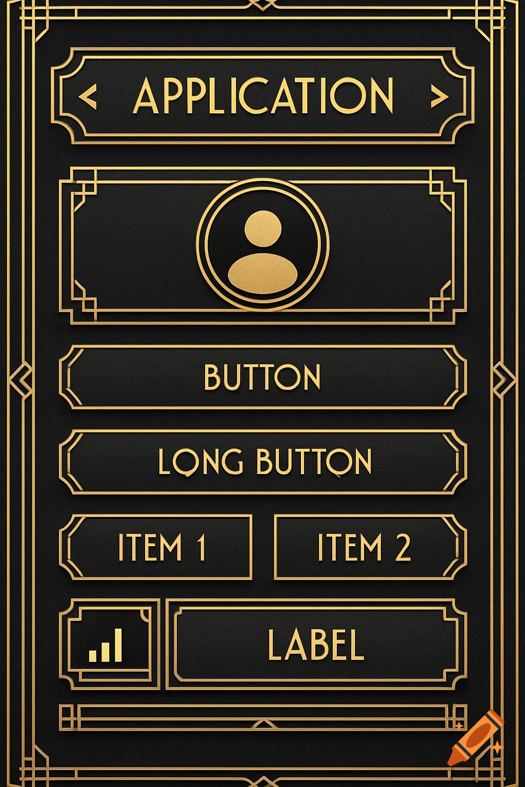 A black and gold Art Deco style user interface with buttons, labels ...