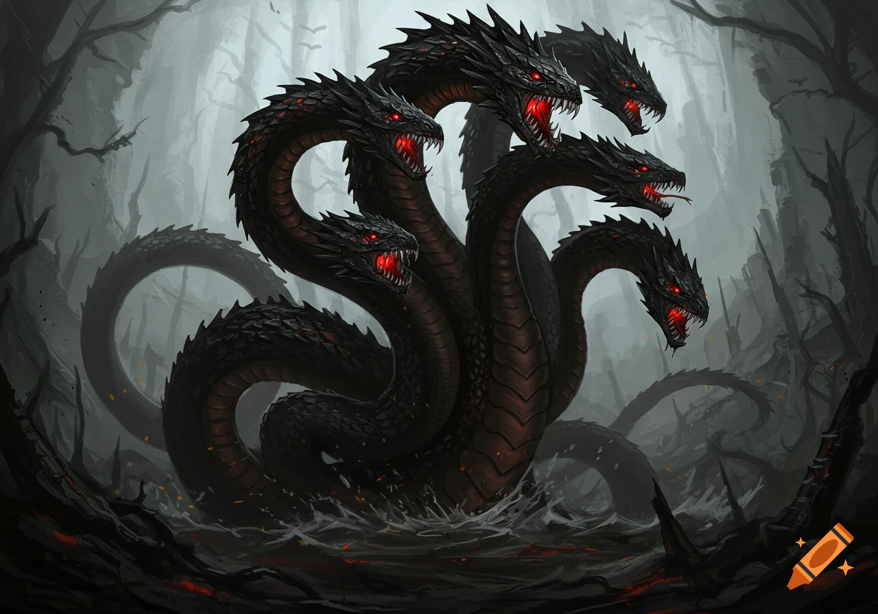 A dark, multi-headed hydra with glowing red eyes in a murky, dark ...