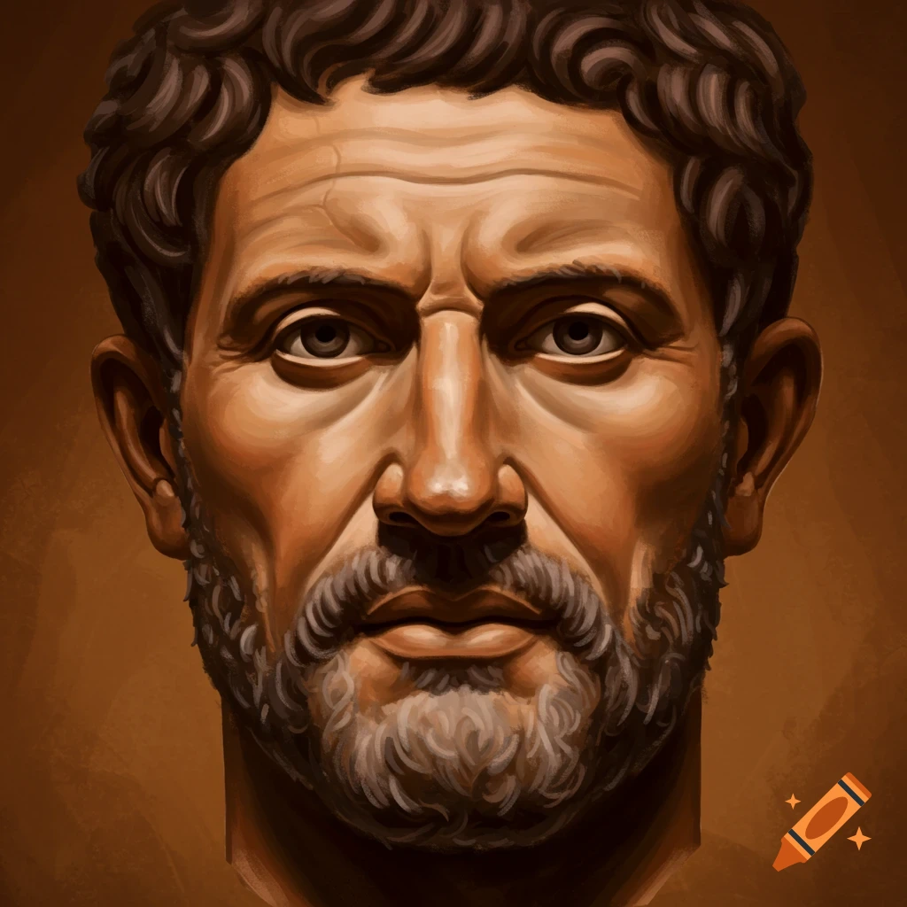 A stylized portrait of an ancient Roman man with a beard and curly hair ...