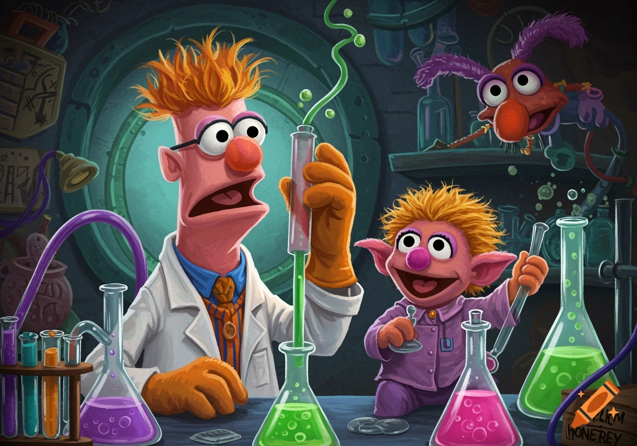 A stylized illustration of Beaker from The Muppets in a lab coat ...