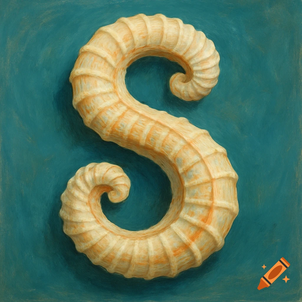 A textured, creamy orange-yellow letter S shaped like a coiled shell on ...