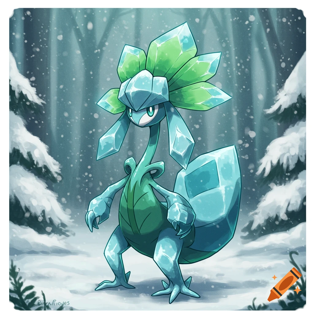 A teal and green ice/grass type Pokemon named Glacifern stands in a ...