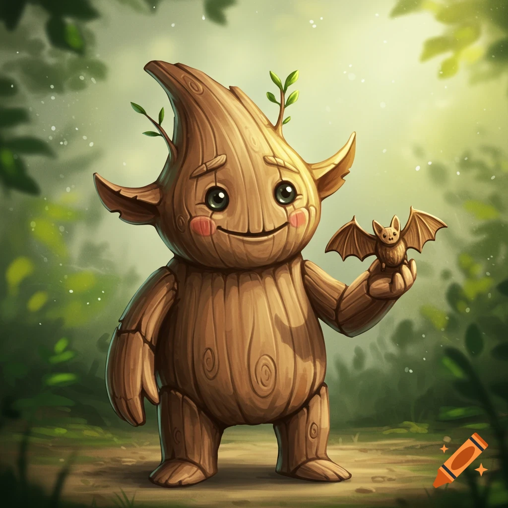 A cute wooden creature with green sprouts on its head holds a small bat ...
